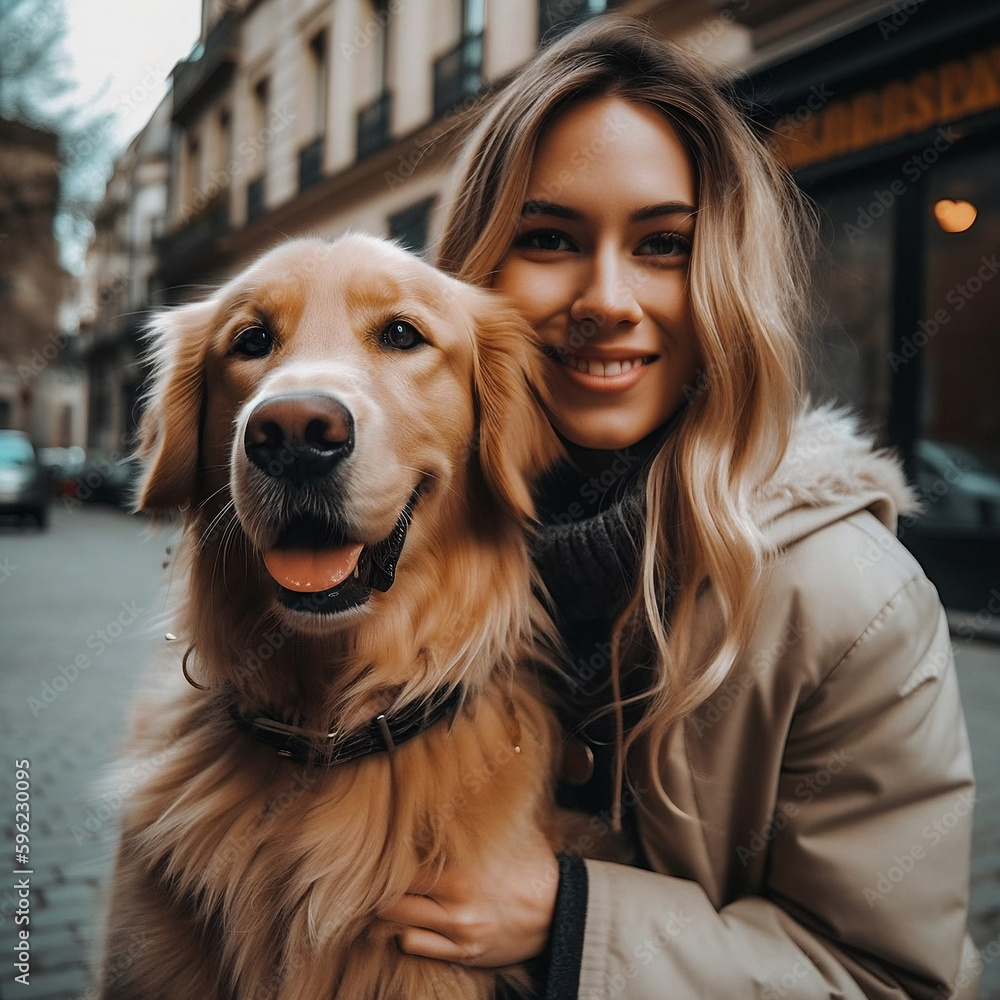 happy dog with its beautiful owner modeling real 8k best quality IA ...