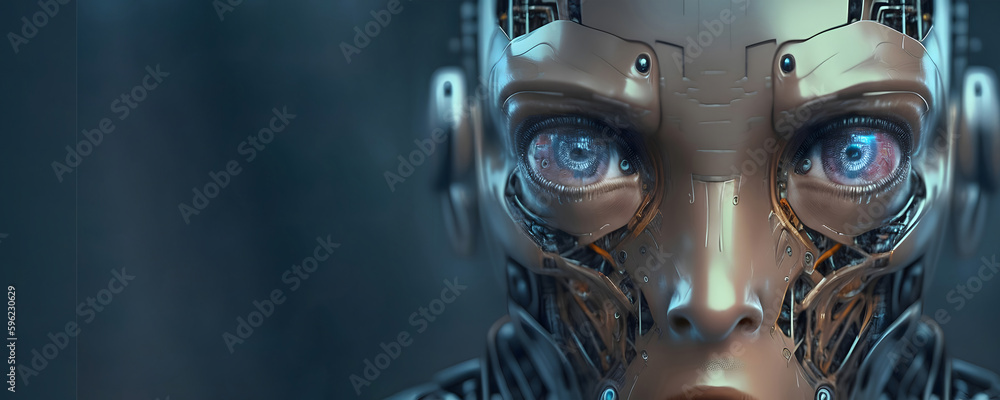 ภาพประกอบสต็อก Robot face close-up futuristic modern tech chatbot ...