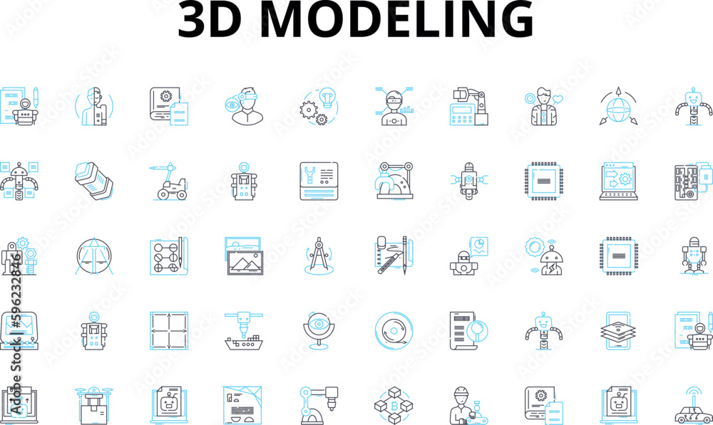 3d modeling linear icons set. Rendering, Animation, CAD, Sculpting ...
