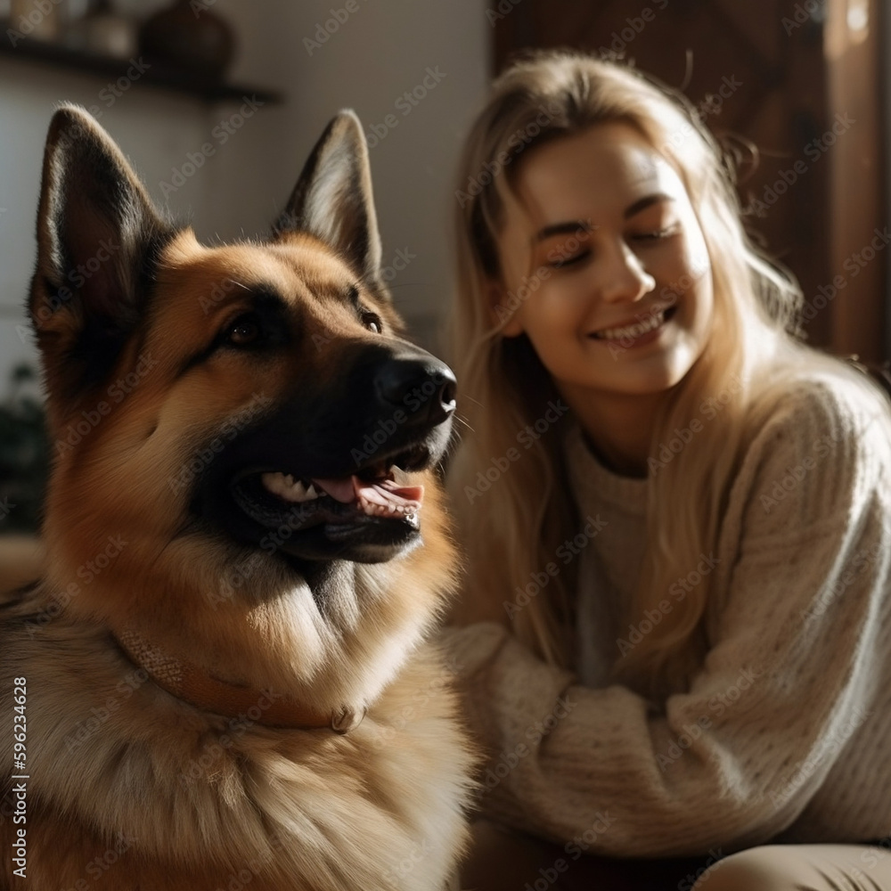 happy dog with its beautiful owner modeling real 8k best quality IA ...