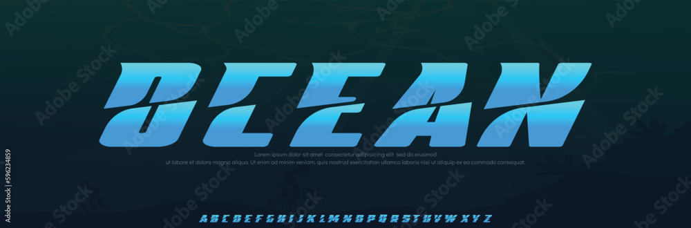 Ocean, modern font, dynamic typeset. Bold oblique alphabet, speed race ...