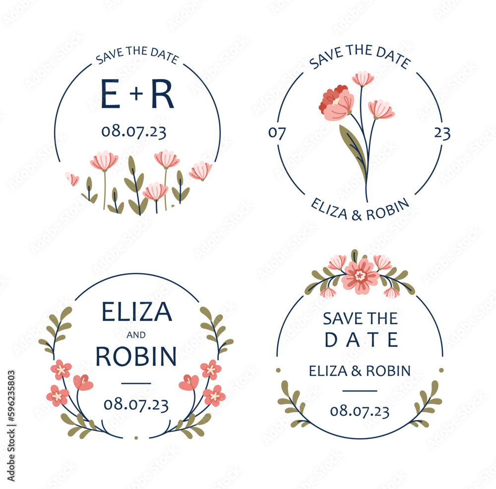 Floral wedding logo set. Collection of round logotypes with flowers ...