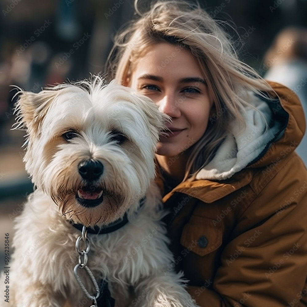 happy dog with its beautiful owner modeling real 8k best quality IA ...