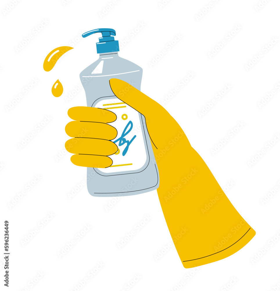 Hand in rubber gloves. Womans hand holds cleaner and surface spray ...