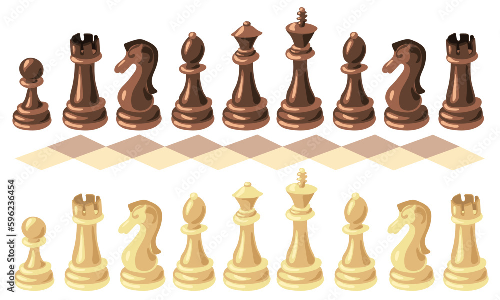A chess set of brown and white pieces with a sketch of a checkered ...