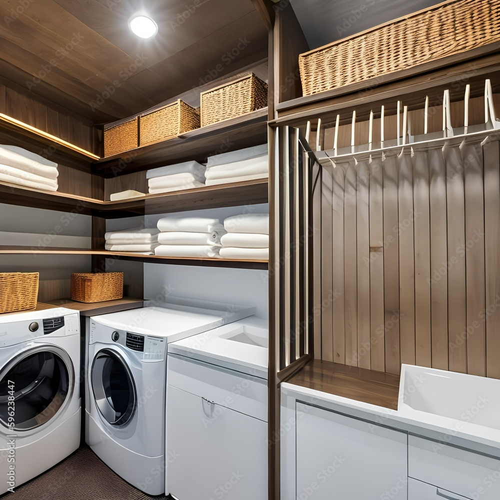 8 A laundry room with a large, wall-mounted drying rack, a built-in ...