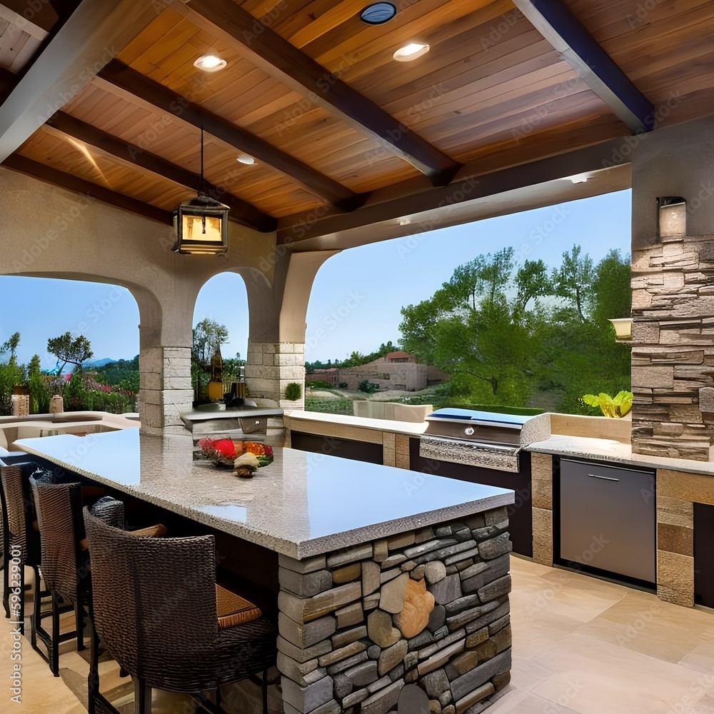 5 A Mediterranean-style outdoor kitchen with a mix of stone and tile ...