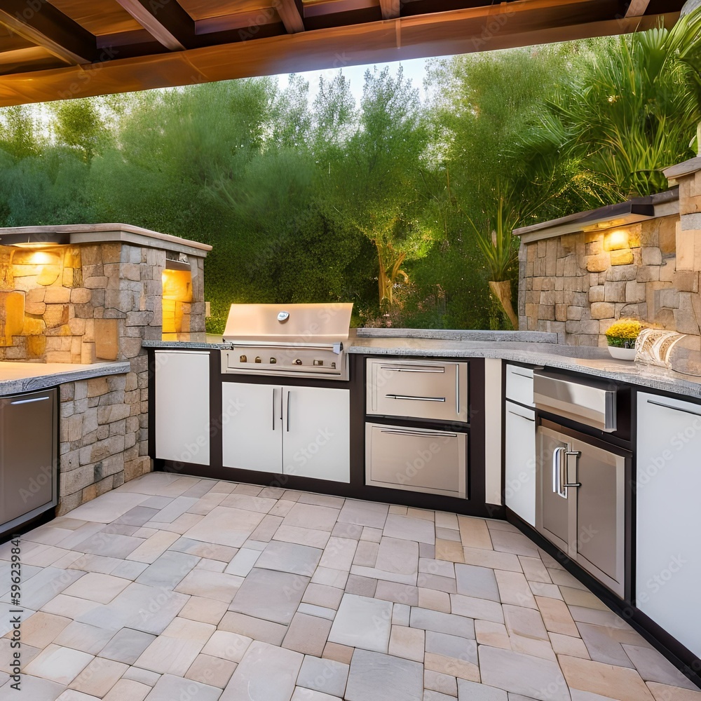 5 A Mediterranean-style outdoor kitchen with a mix of stone and tile ...