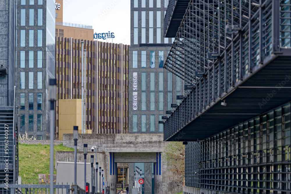 Office buildings with skyscraper named Hagenholzstrasse with logo of ...