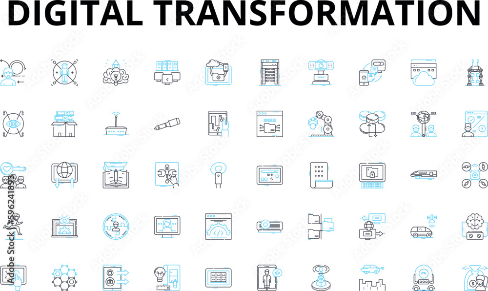 Digital transformation linear icons set. Disruption, Innovation ...