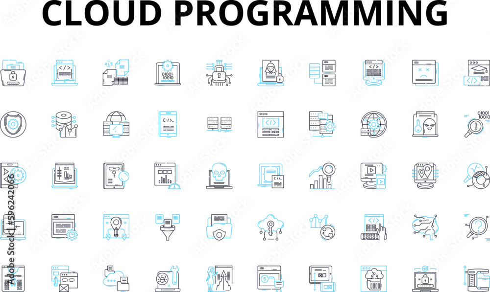 Cloud programming linear icons set. Virtualization, Elasticity, DevOps ... Cloud programming linear icons set. Virtualization, Elasticity, DevOps ...
