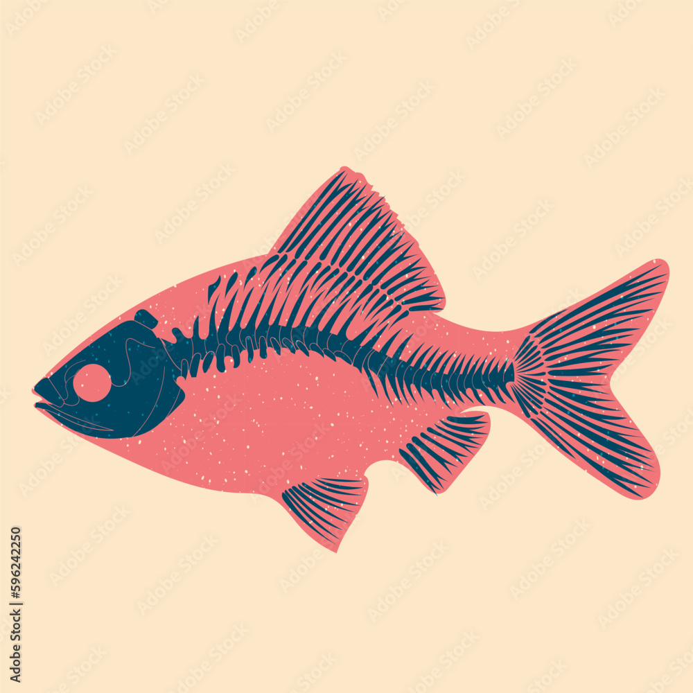 SKeleton of fish. Colorful cute screen printing effect. Riso print ...