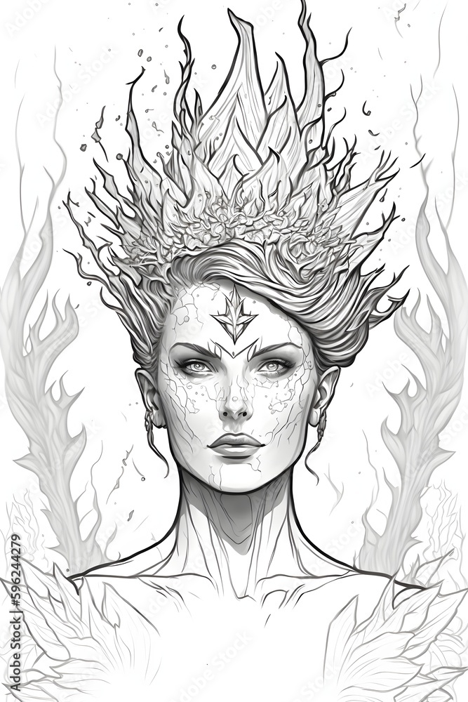 Clean coloring book page of a fantasy elemental queen crown of flames ...
