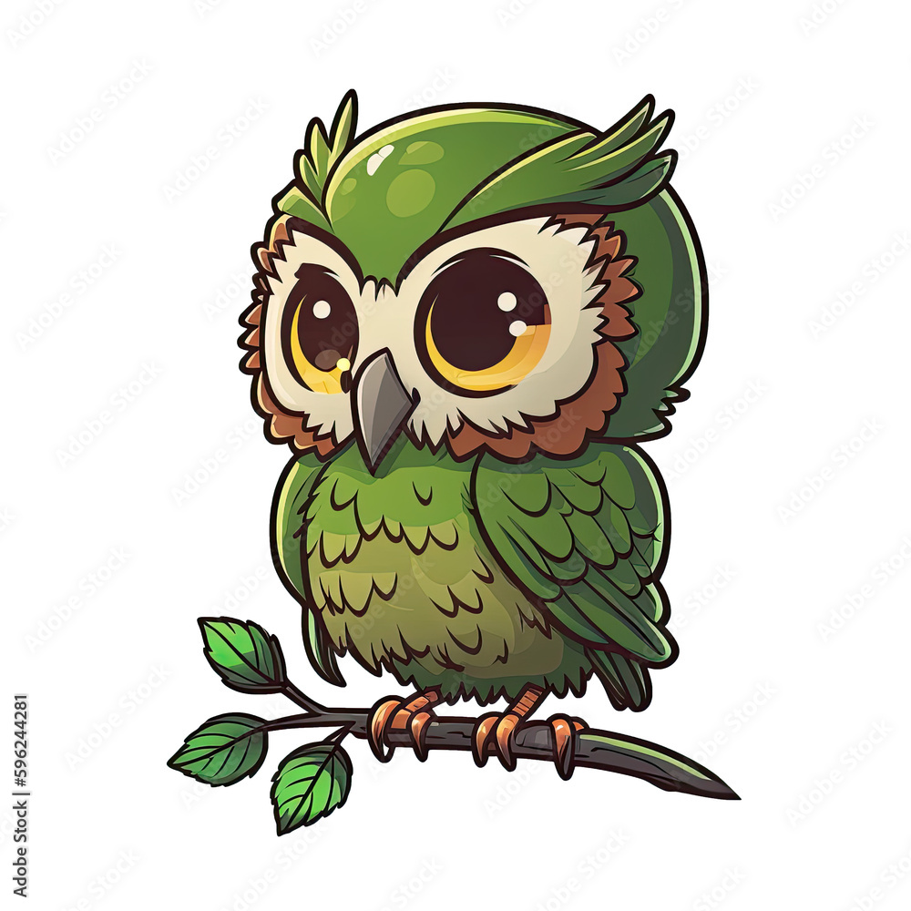 Cute cartoon owl character with transparent background, Green feathers ...