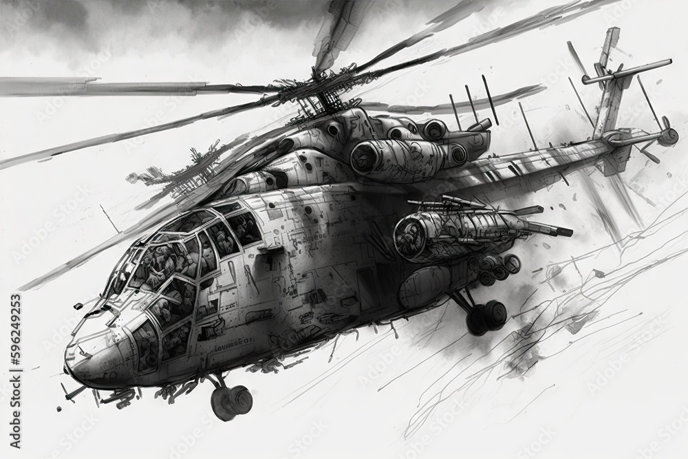 pencil drawing of military helicopter with guns and missiles visible ...