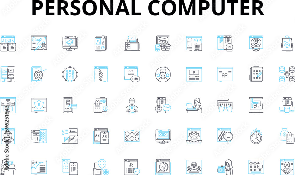 Personal computer linear icons set. Desktop, Laptop, Keyboard, Mouse ...