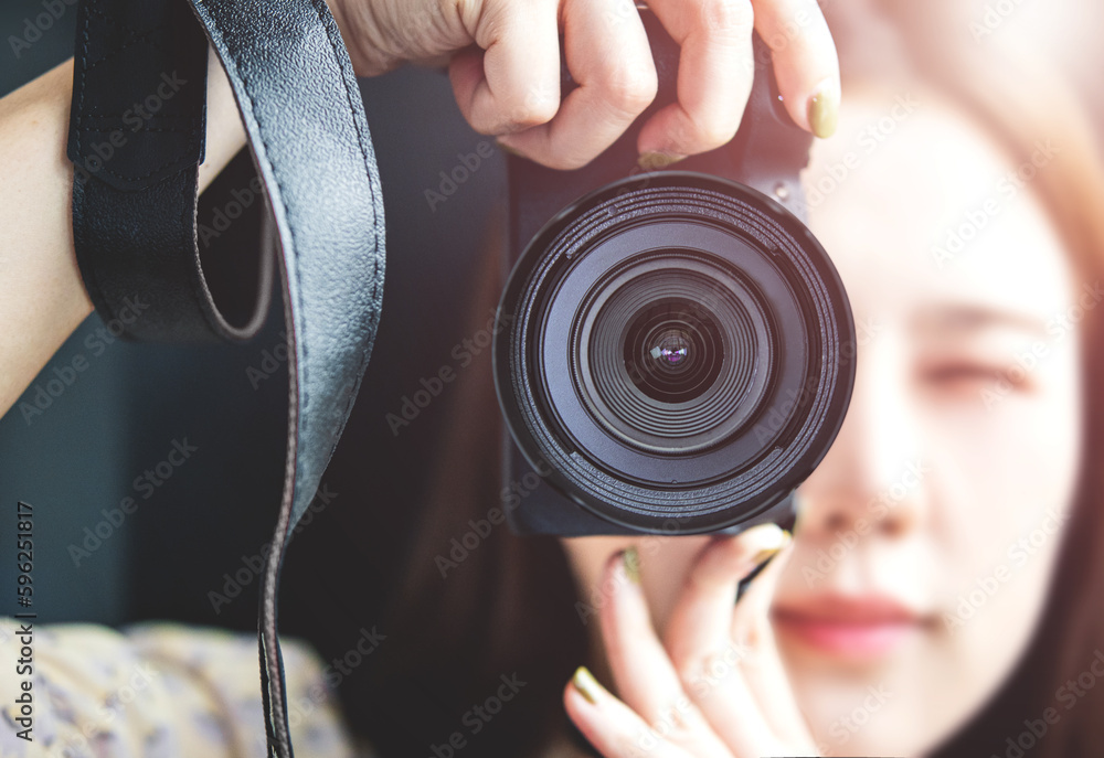 Camera focus angle through lens, find image composition. blurred of ...