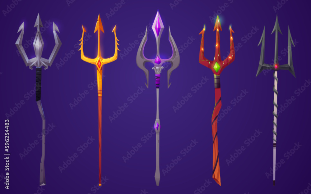Magic trident weapon cartoon isolated vector icon set. Fantasy demon or ...