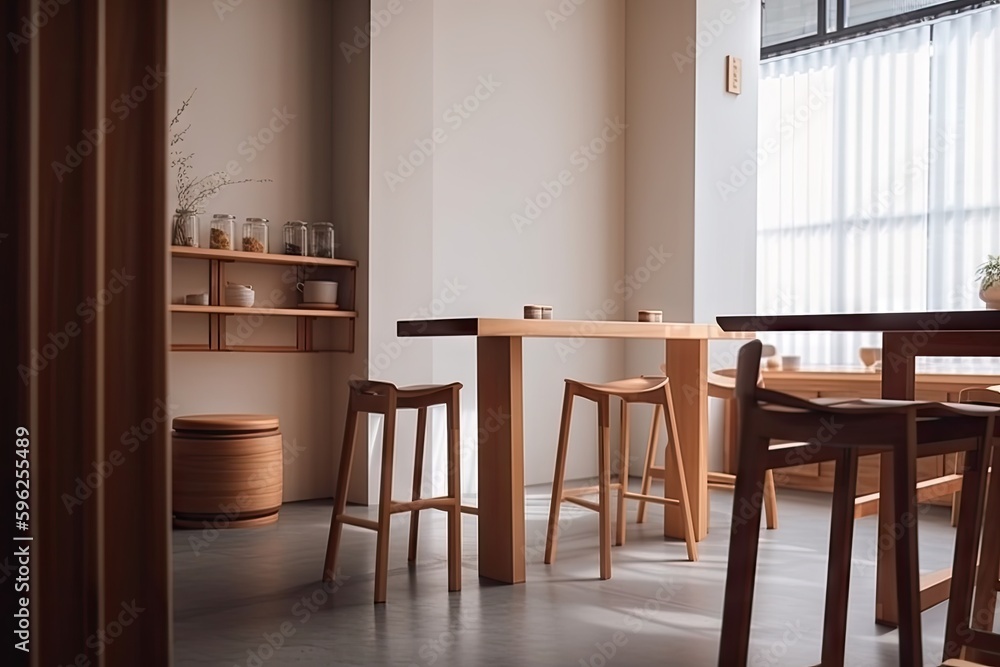 japanese-style cafe, with minimalist interior and wooden furniture ...