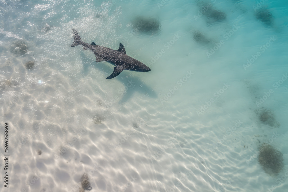 Aerial view of a black tipped baby shark cruising along the beach ...