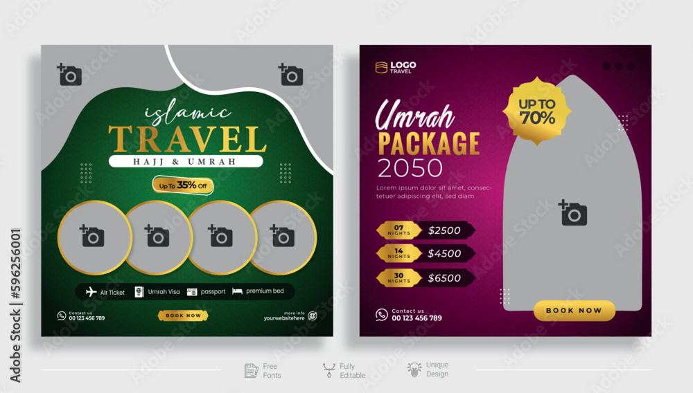 Luxury of islamic tour and travel social media template design. hajj ...