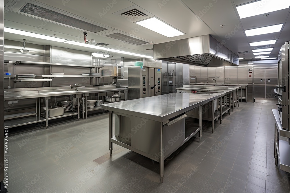 large-scale commercial kitchen with industrial dishwashers and cleaning ...