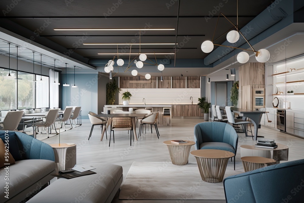 futuristic open office with sleek and modern furnishings, communal lounge areas, and ...