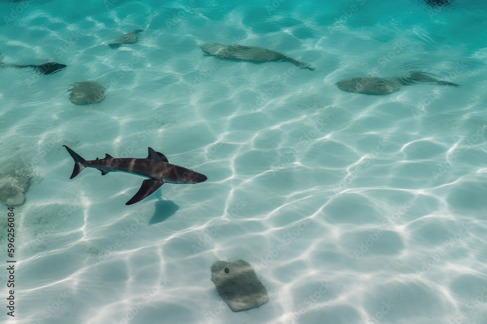 Aerial view of a black tipped baby shark cruising along the beach ...