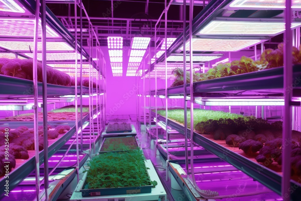food production system, with crops growing under led lights and drones ...