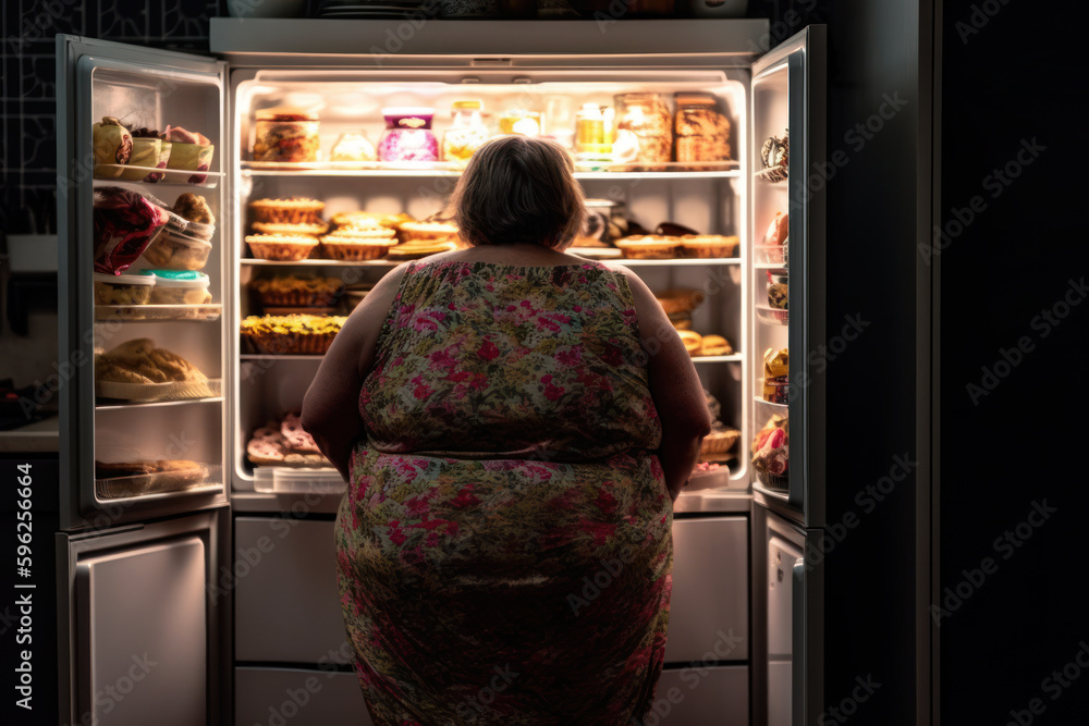 fat woman at the fridge, obesity overweight generative ai Stock ...