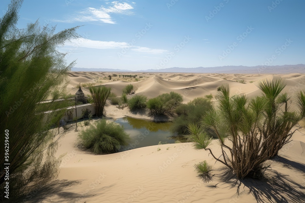 desert oasis, with view of towering sand dunes and rolling waves ...