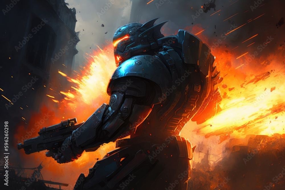 heroic alien blaster, with the city in flames, fighting off invading ...