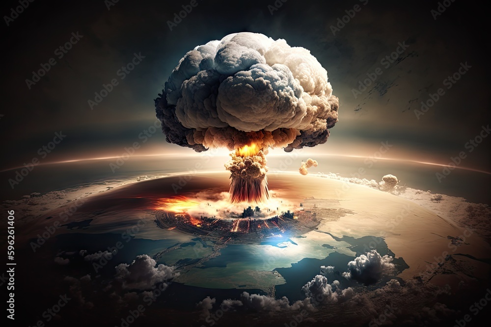outer space view of the mushroom cloud from a nuclear bomb, with earth ...