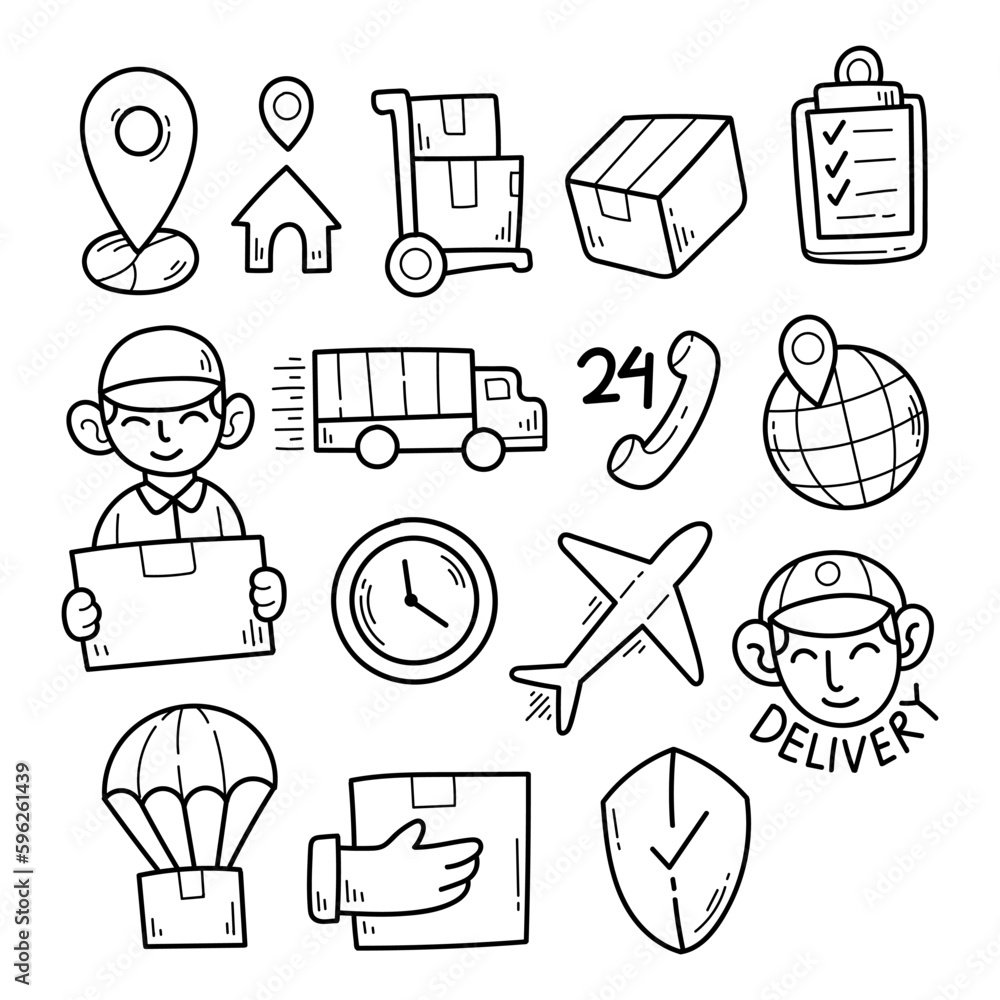 Set of delivery element hand drawn outline sketch illustration Stock ...