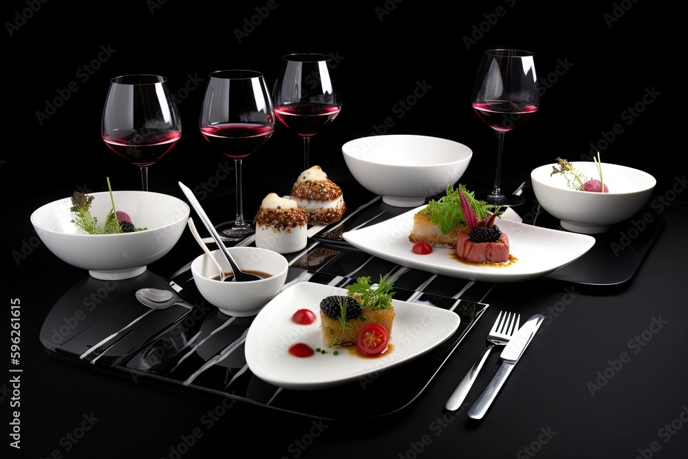 gourmet food presentation on black background, with white plates and ...