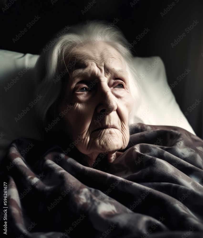 Old woman on her death-bed looking sad and worn. Concept of aging ...
