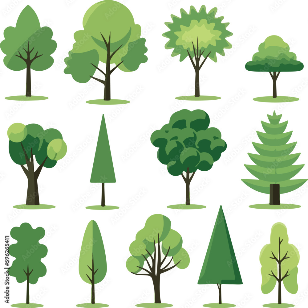 Cartoon trees set isolated on a white background. Simple modern style ...