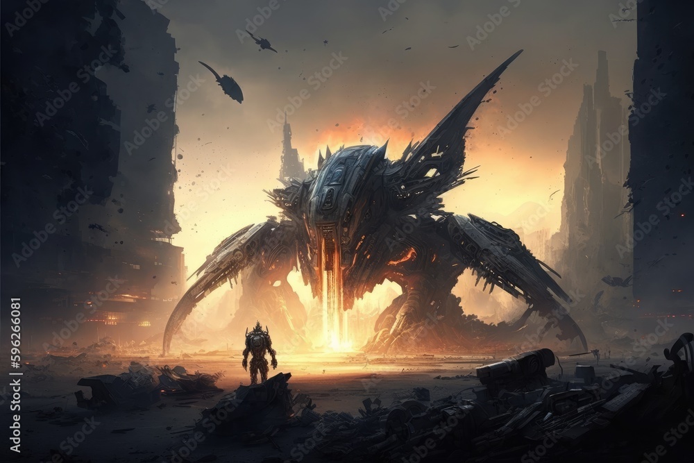 alien blaster, surrounded by destruction and carnage after battle in ...