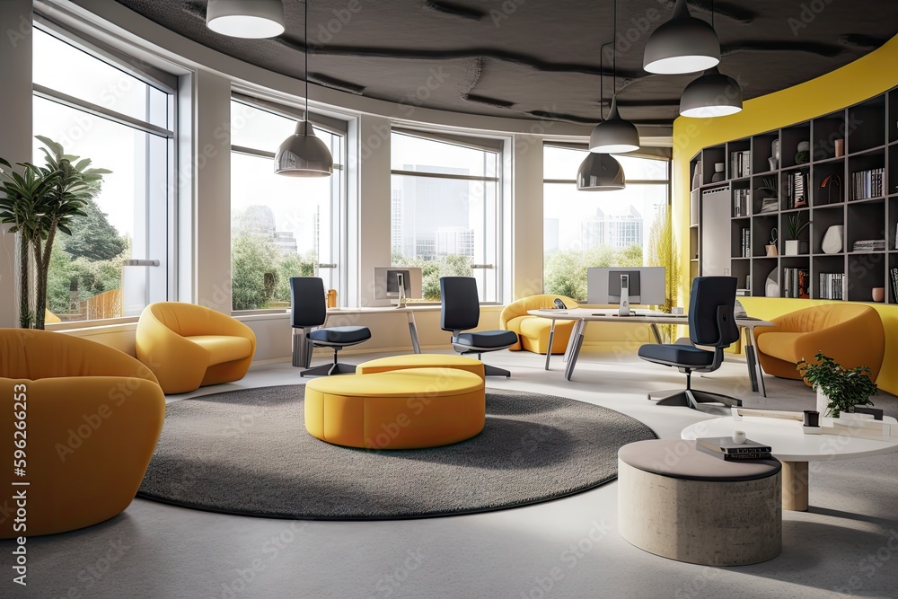futuristic open office with communal spaces for collaboration ...