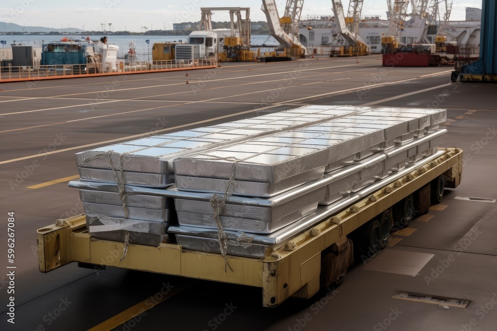 aluminum ingot being transported in wheeled transport container, with ...