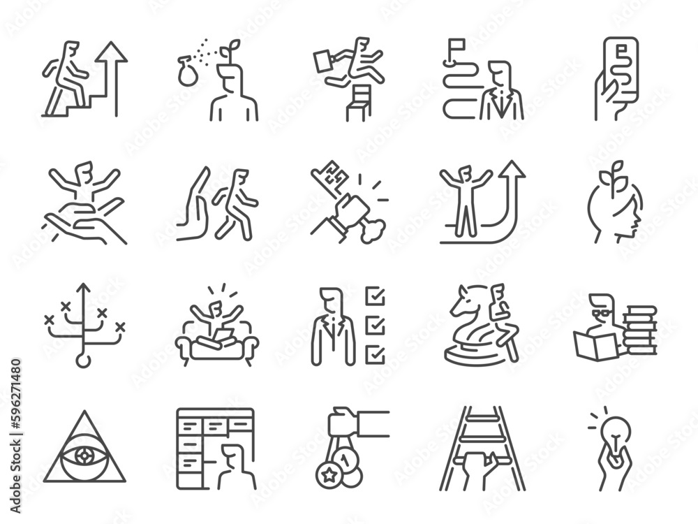 Personal growth icon set. It included developing, a career path, goal ...