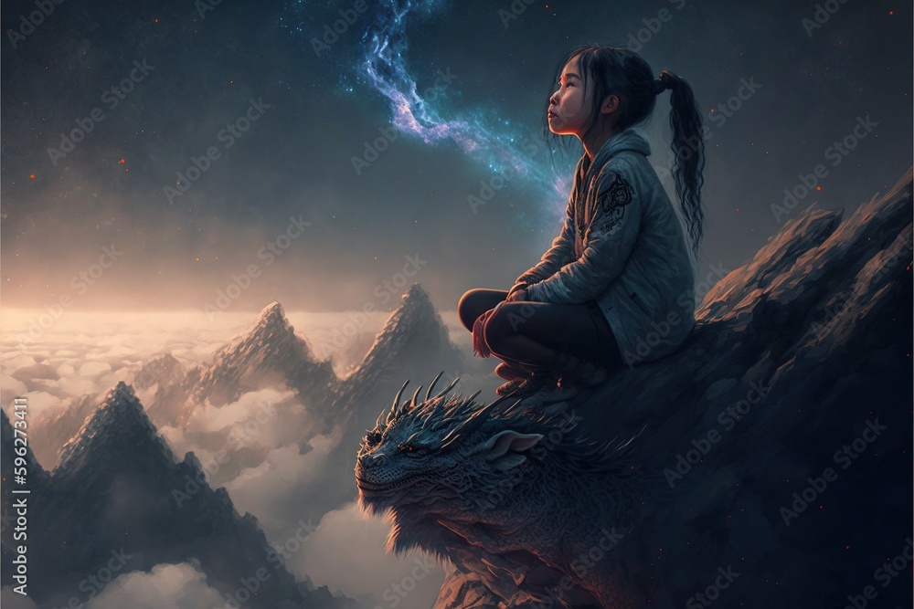Chinese girl sitting on top of mountain above the cloud with her dragon ...