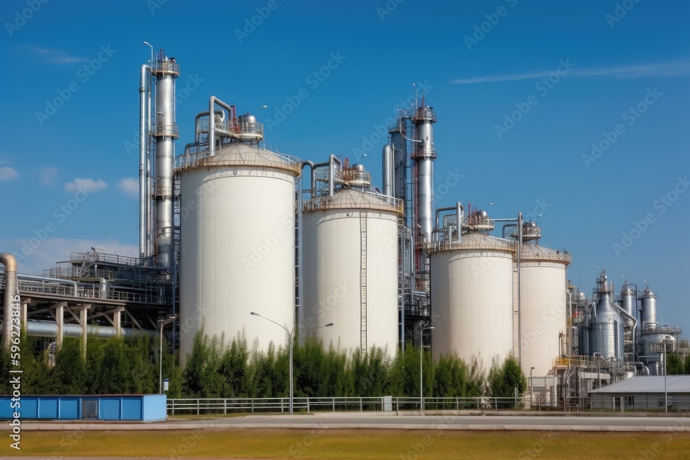 chemical plant, with towers and tanks producing different chemicals ...
