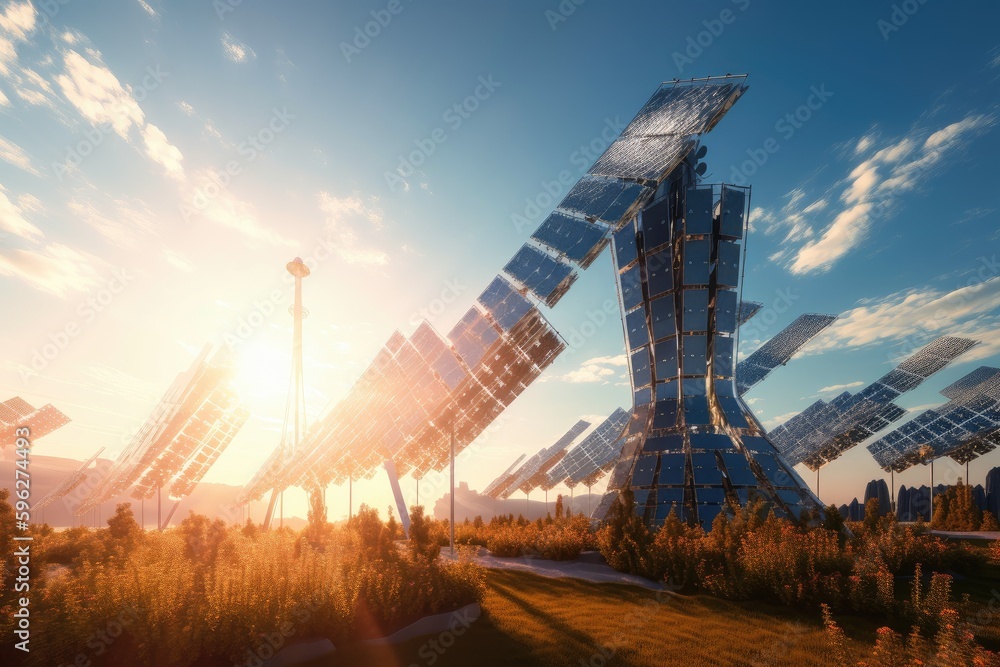 futuristic and conceptual solar plant, with panels and wires visible ...
