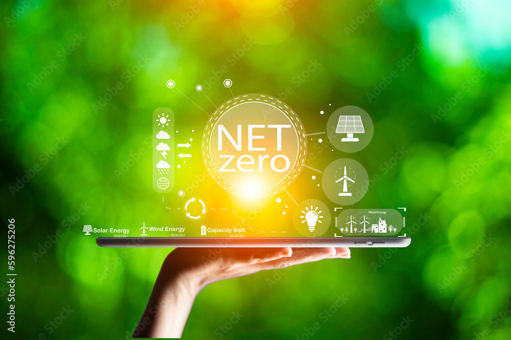 net zero concept. Hand holding city with net zero icon. carbon neutral ...