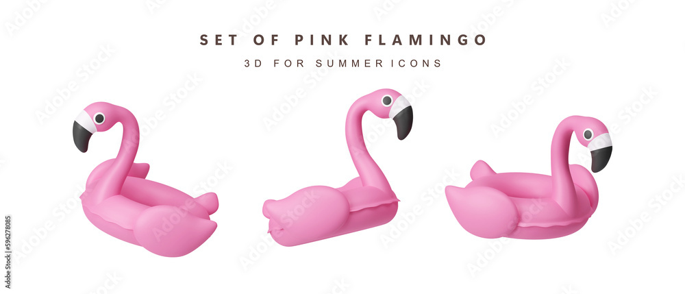 3d Set of pink flamingo float icon for summer vacation concept. icon ...