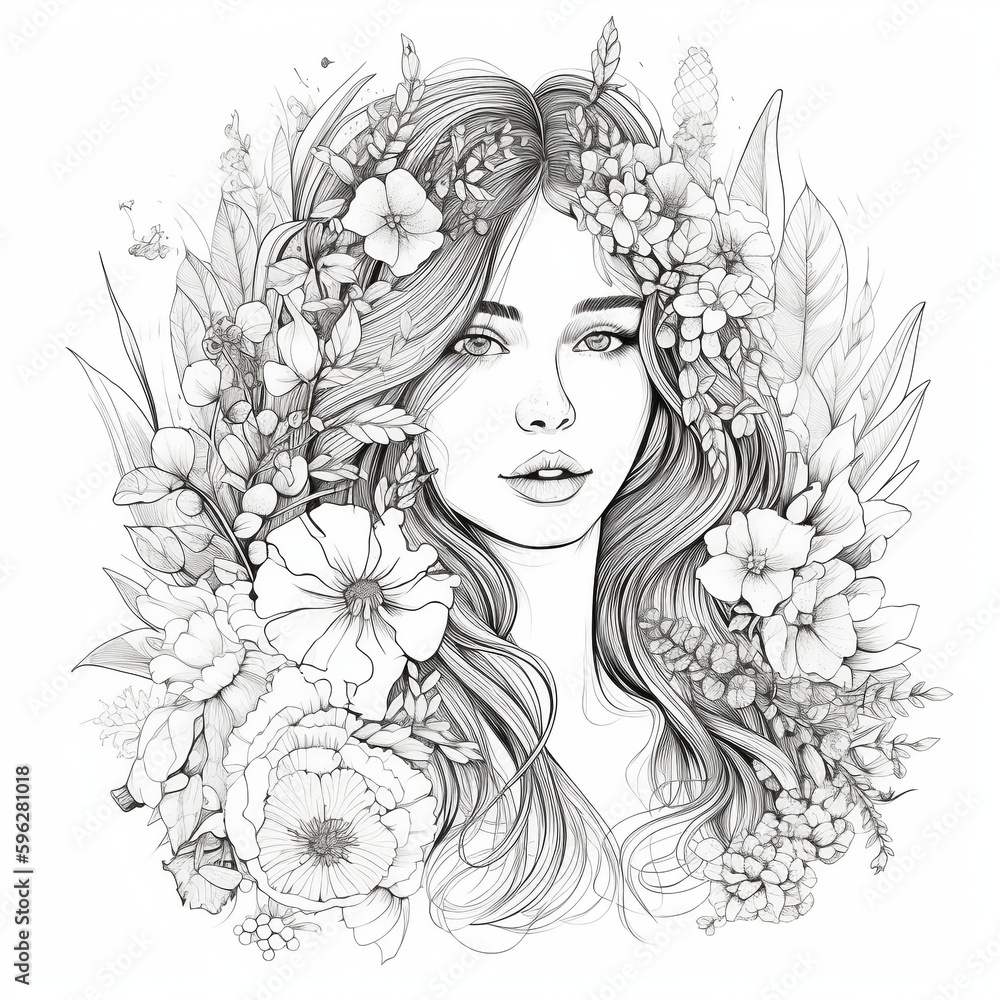 Printable Women Colouring Page Grayscale Illustration created with Ai ...