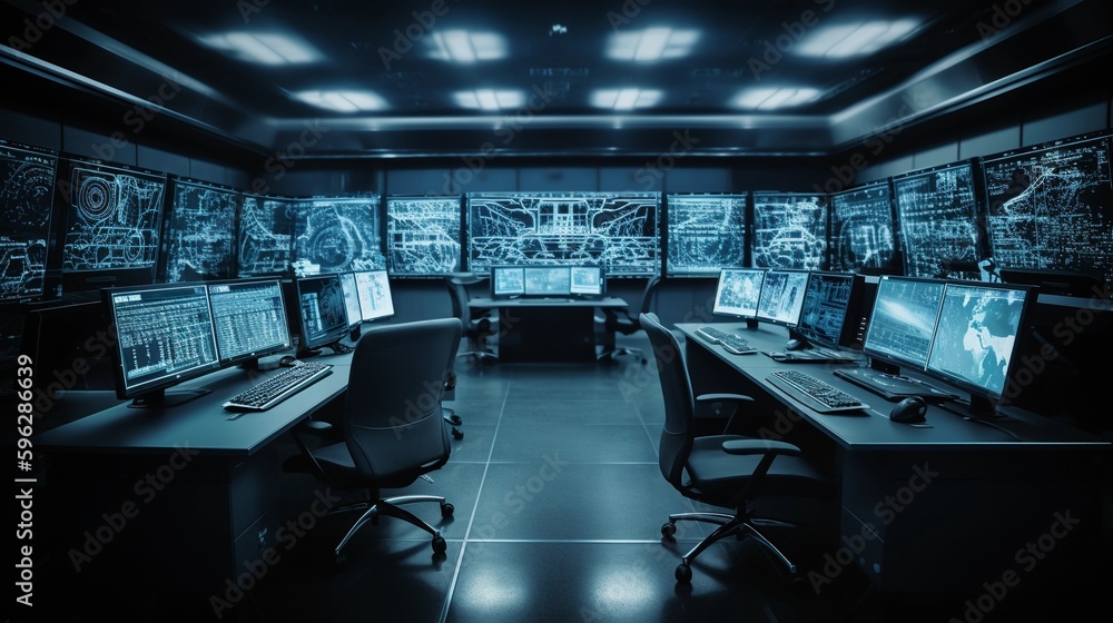 Modern Security Control Center. Empty interior with multiple display ...