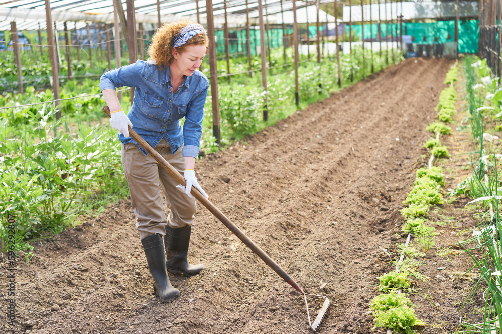 Female farmer working with rake at farm Stock Photo | Adobe Stock