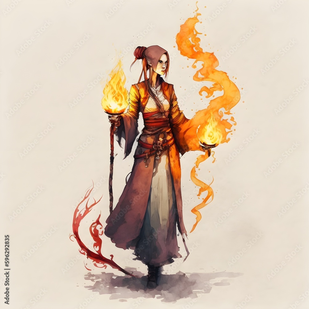 female elf monk hair of fire holding quarterstaff fantasy full body ...